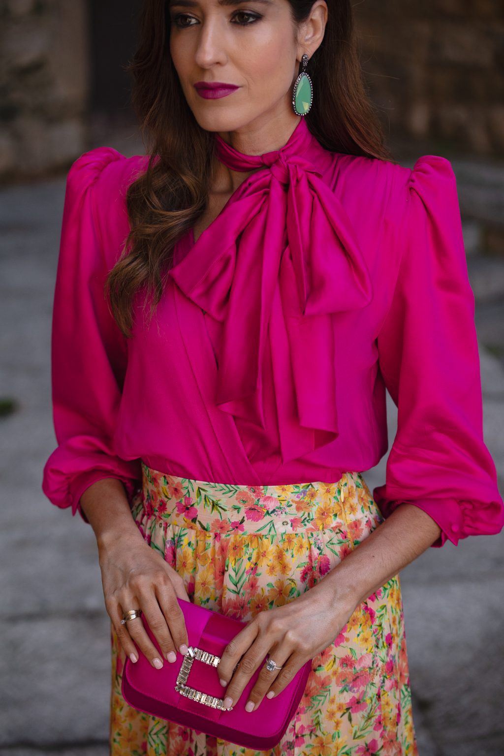 Conjunto de blusa buganvilla y falda estampada para invitada